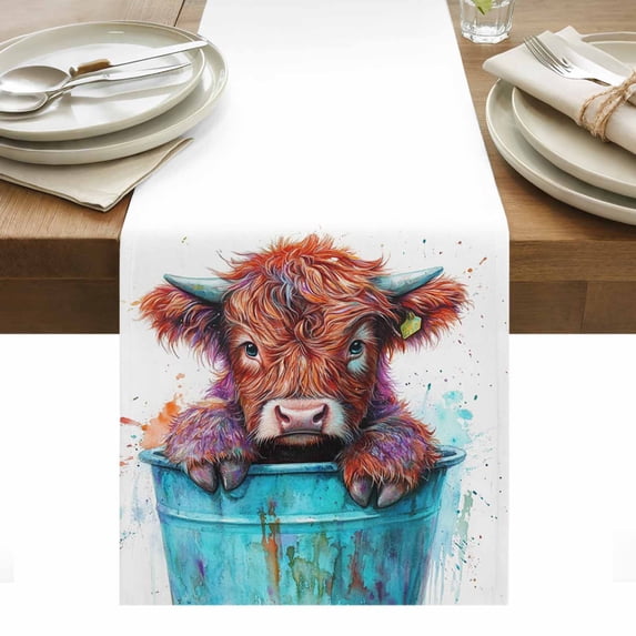 Farm Animal Table Runner 13 x 36 Inch, Brown Red Cow Blue Bucket ...