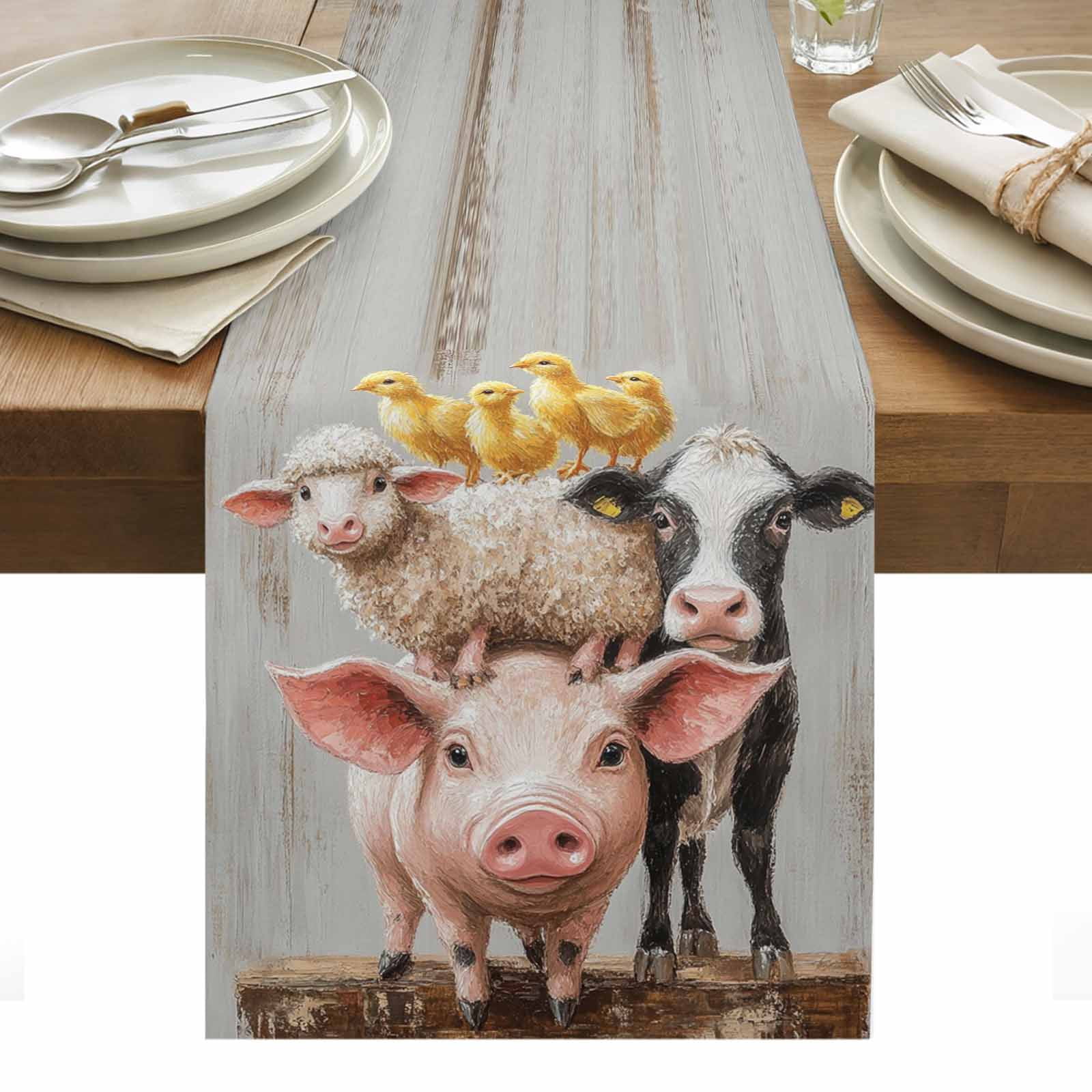 Farm Animal Table Runner 13 x 70 Inch, Pig Sheep Cow Chicken Washable ...