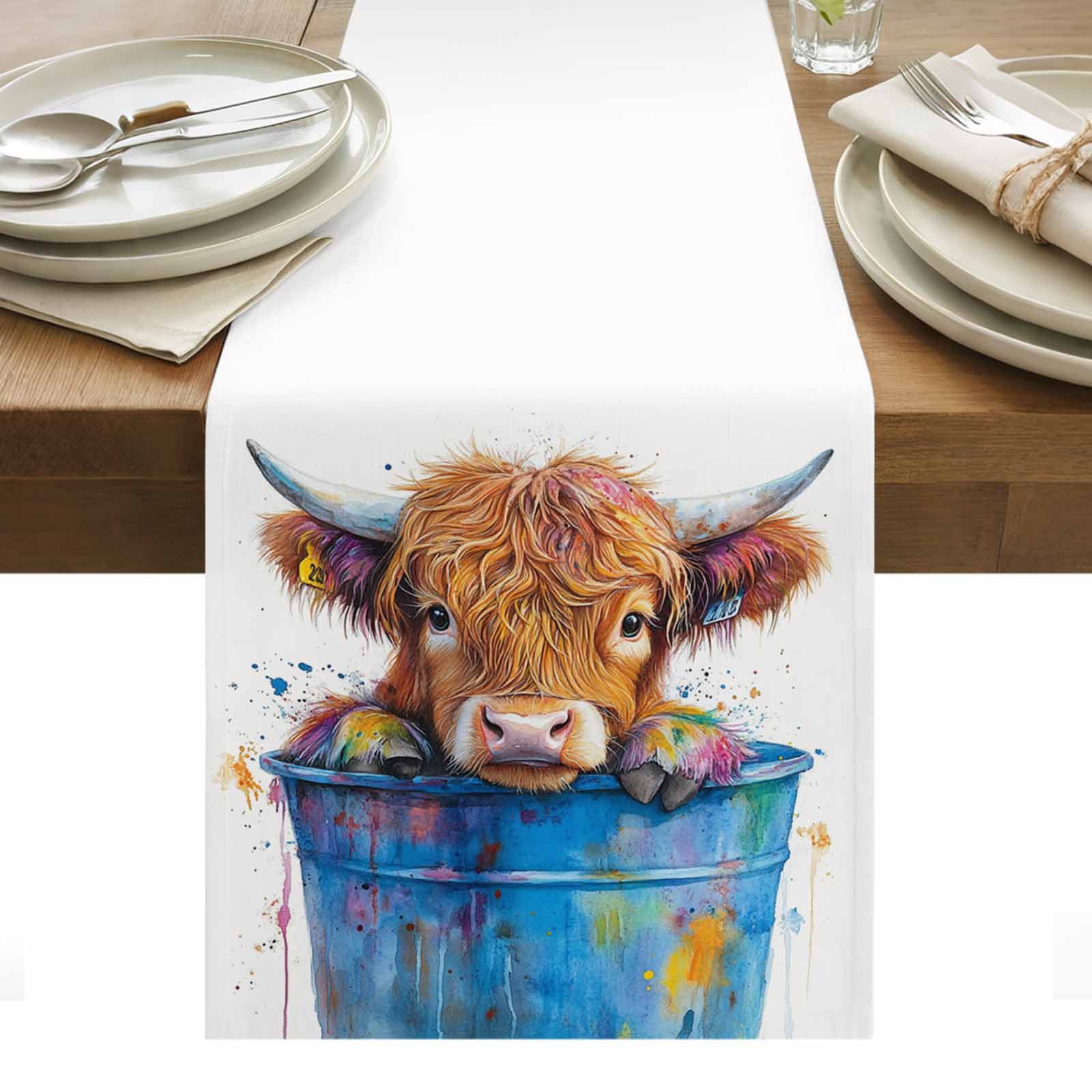 Farm Animal Table Runner 16 x 72 Inch, Brown Cow Watercolor Blue Bucket ...