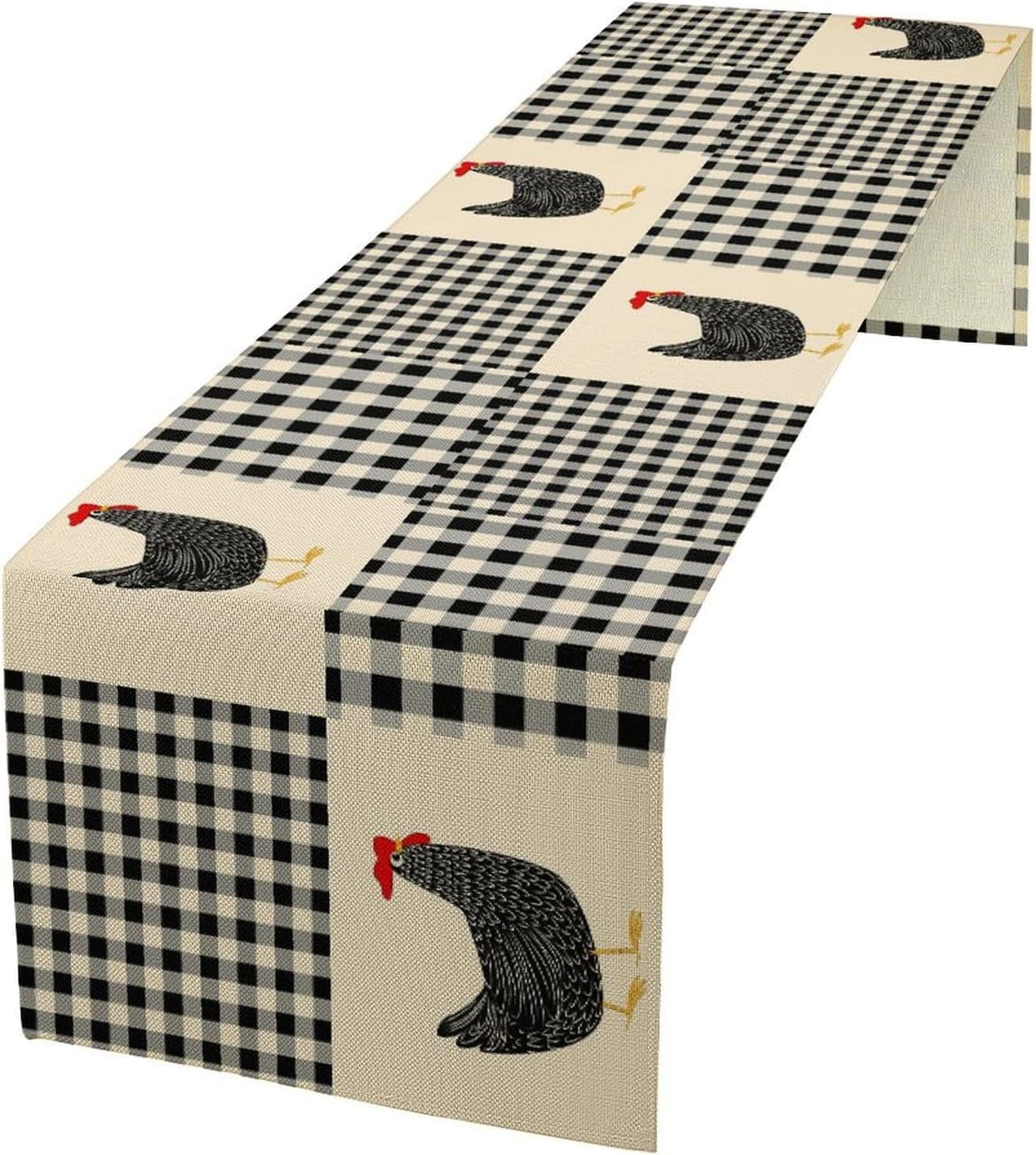 Farm Animal Table Runner, Chicken Hen Black White Buffalo Plaid Check ...