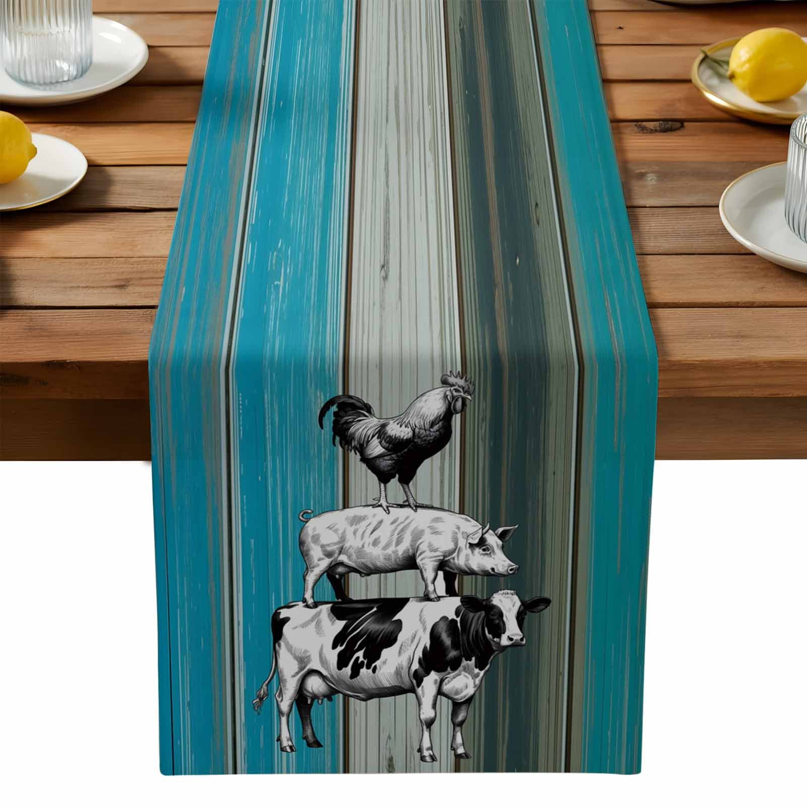 Farm Animal Table Runner, Chicken Pig Cow Farmhouse Blue Wood Grain ...