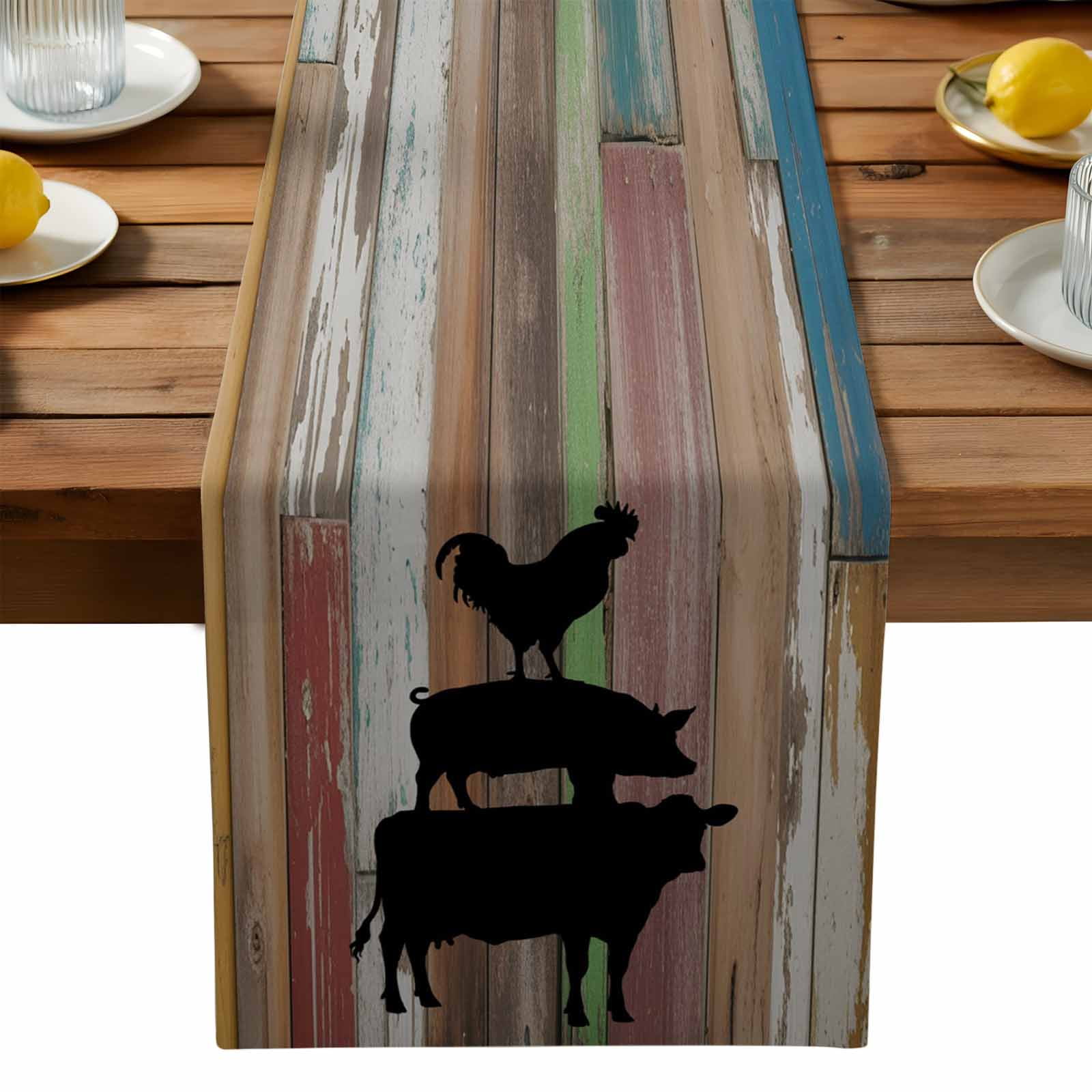 Farm Animal Table Runner, Chicken Pig Cow Farmhouse Brown Wood Grain ...