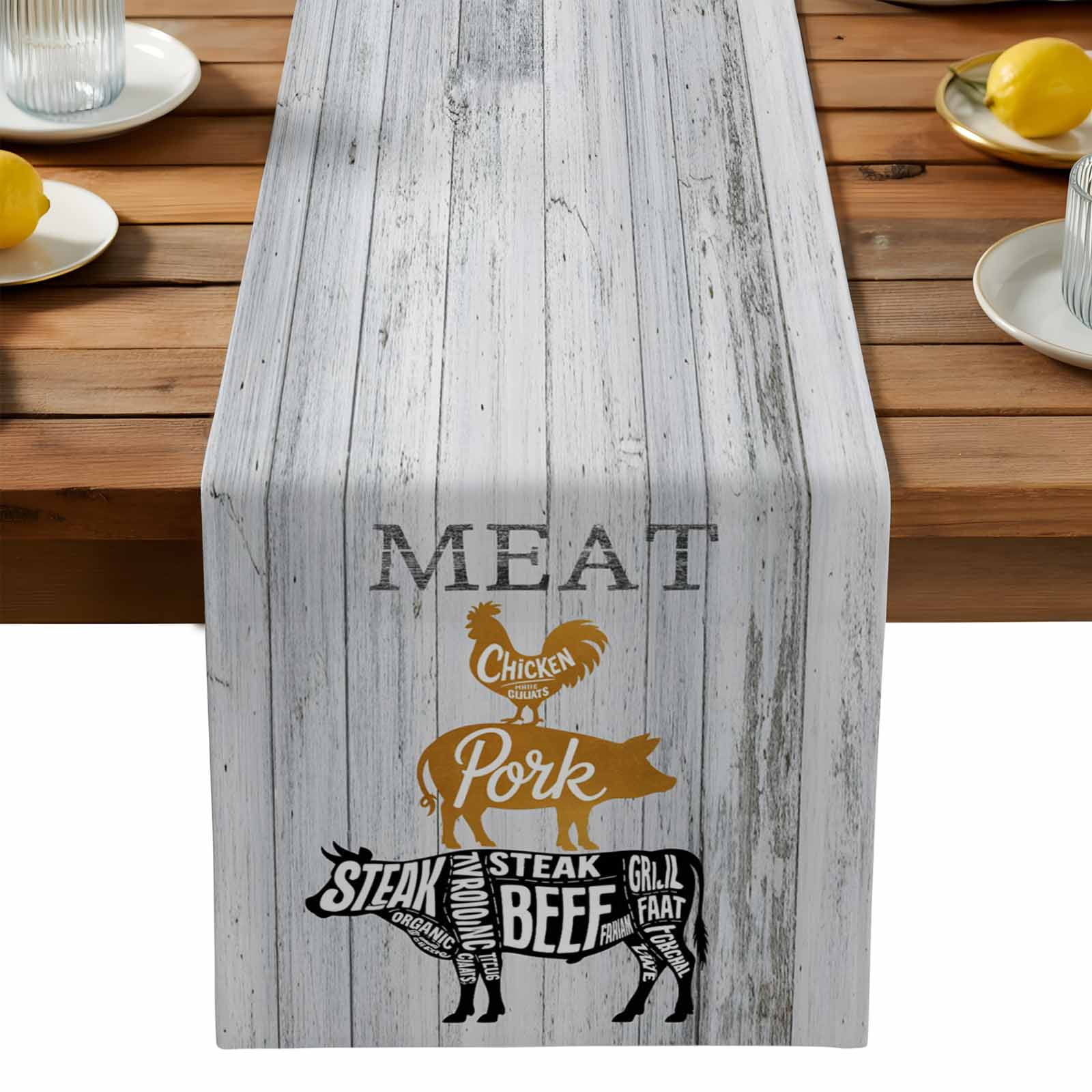 Farm Animal Table Runner, Chicken Pig Cow Farmhouse Gray Board Washable ...