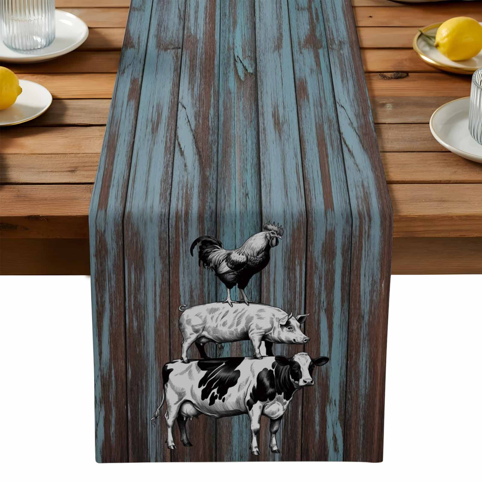 Farm Animal Table Runner, Chicken Pig Cow Farmhouse Teal Wood Grain ...