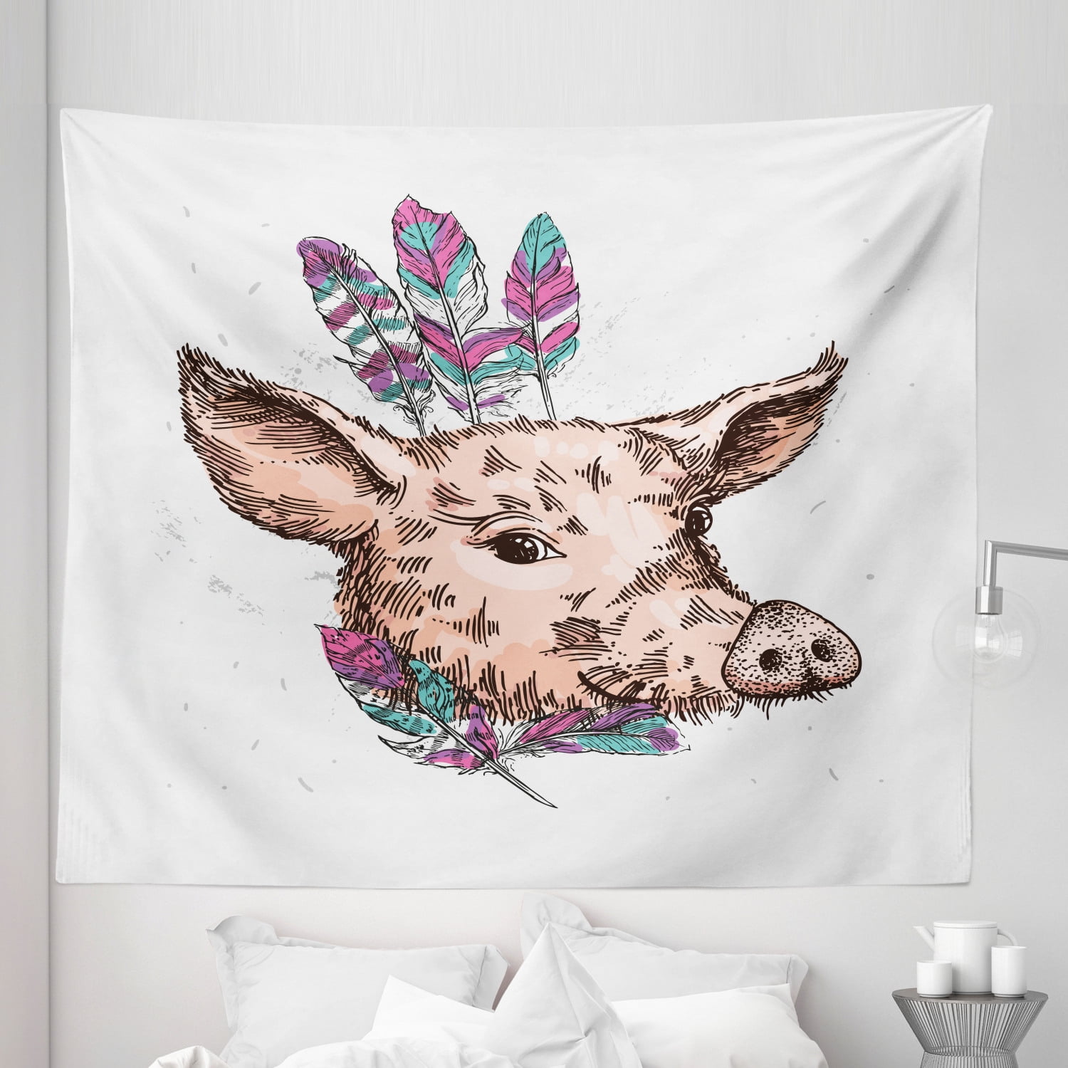 Farm Animal Tapestry, Abstract Sketch of Pig Portrait with Colorful ...