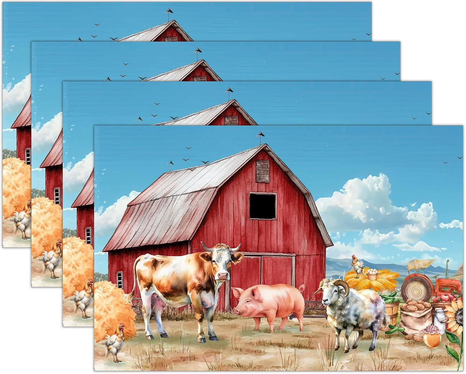 Farm Animal Theme Place Mats Set of 4, Barnyard Home Decor, Farmhouse ...