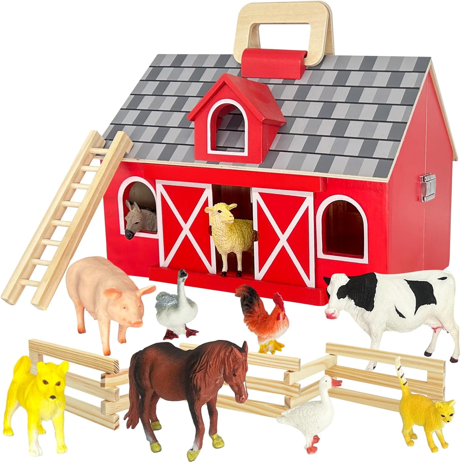 Farm Animal Toys with Portable Large Wooden Barn for Kids 3+ Years Old ...