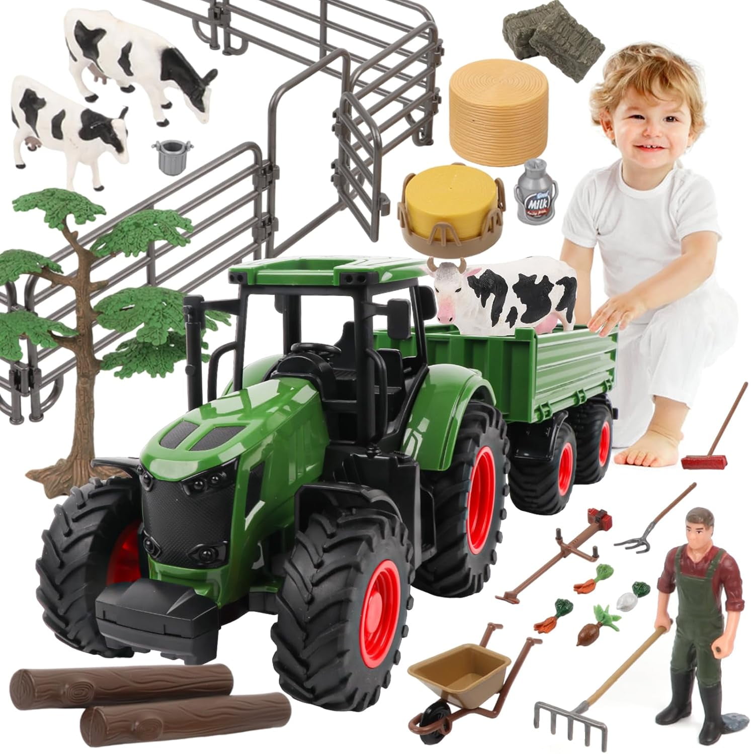 Farm Animal Tractor Toys Playset-16.5 Inches Tractor with Trailer Fence ...