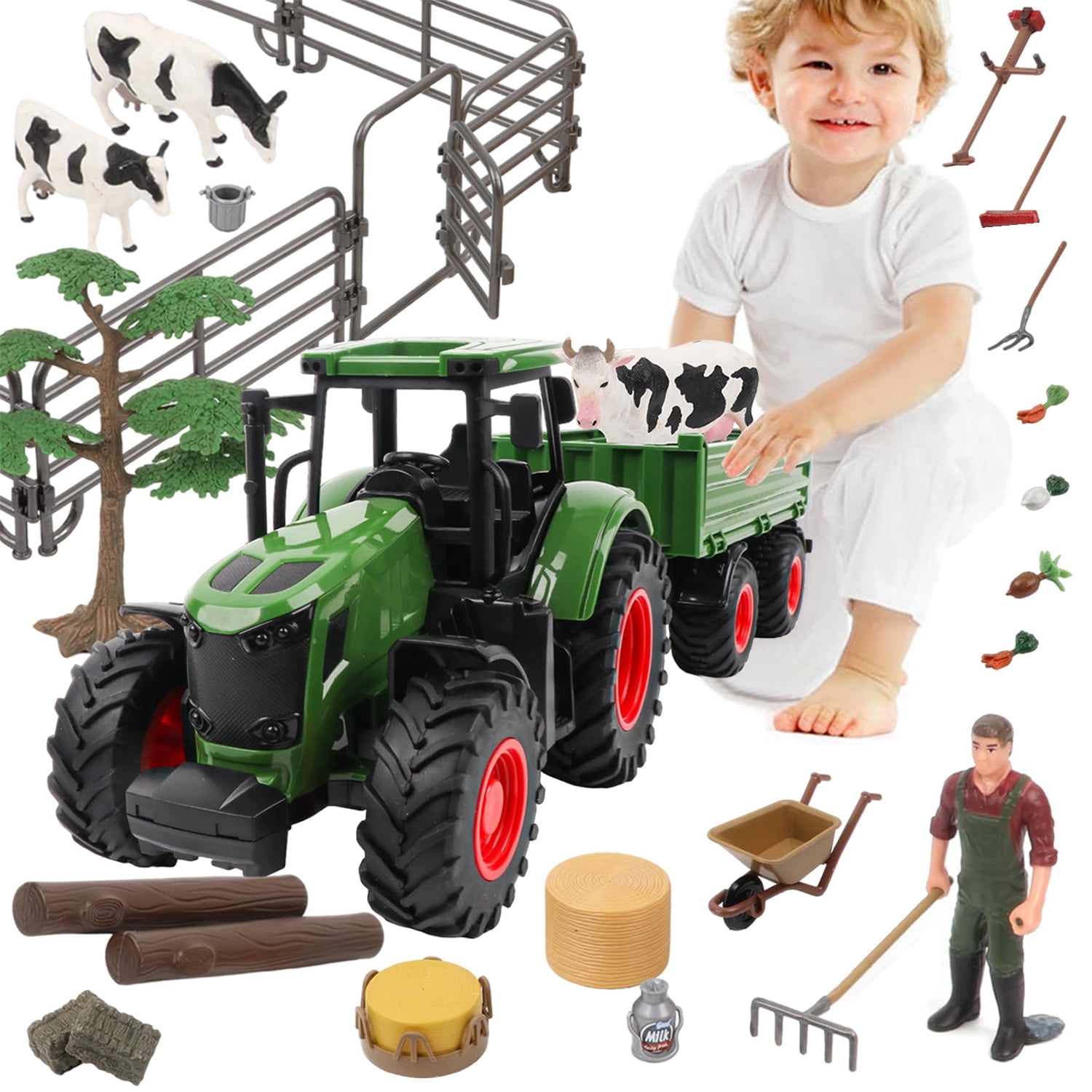 Farm Animal Tractor Toys Playset-16.5 Inches Tractor with Trailer Fence ...