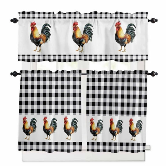 Farm Animal Window Curtains Valance Set of 3 Rooster Black White ...