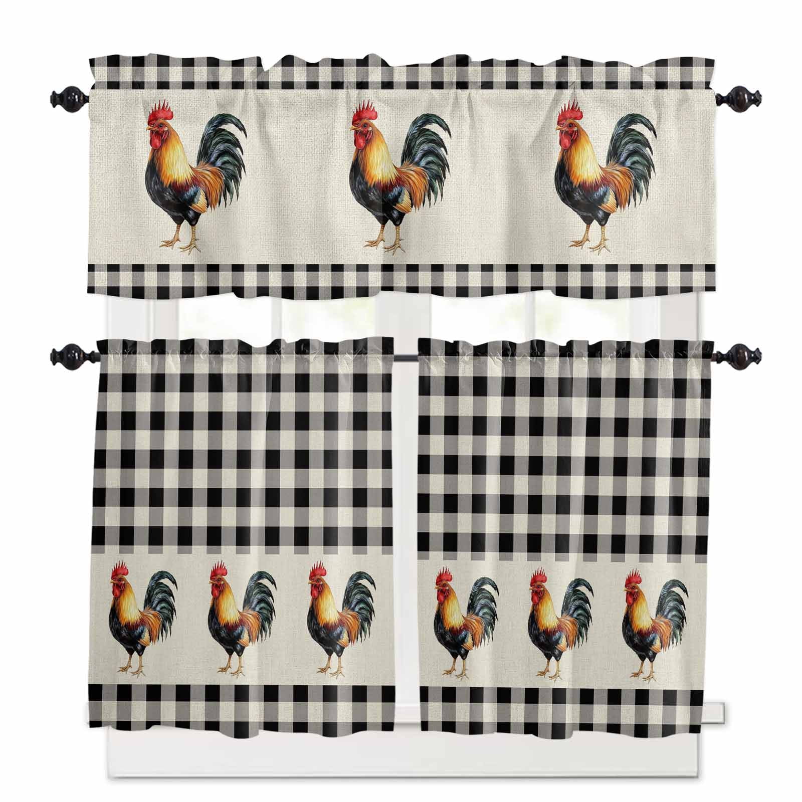 Farm Animal Window Curtains Valance Set of 3 Rooster Linen Texture ...