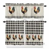 Farm Animal Window Curtains Valance Set of 3 Rooster Linen Texture ...