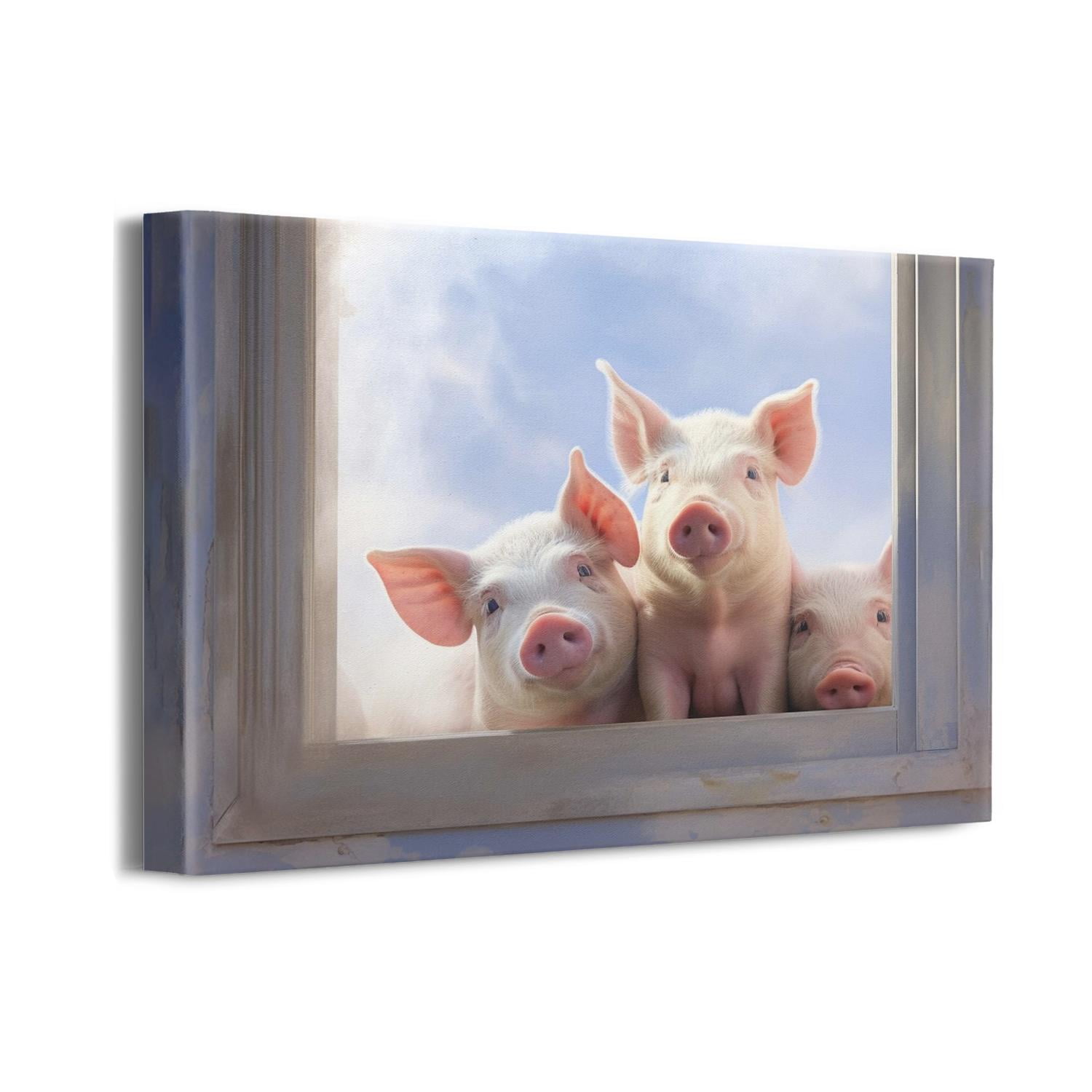 Farm Animal in the Window Wall Art Funny Pigs on Grass Wall Decor ...