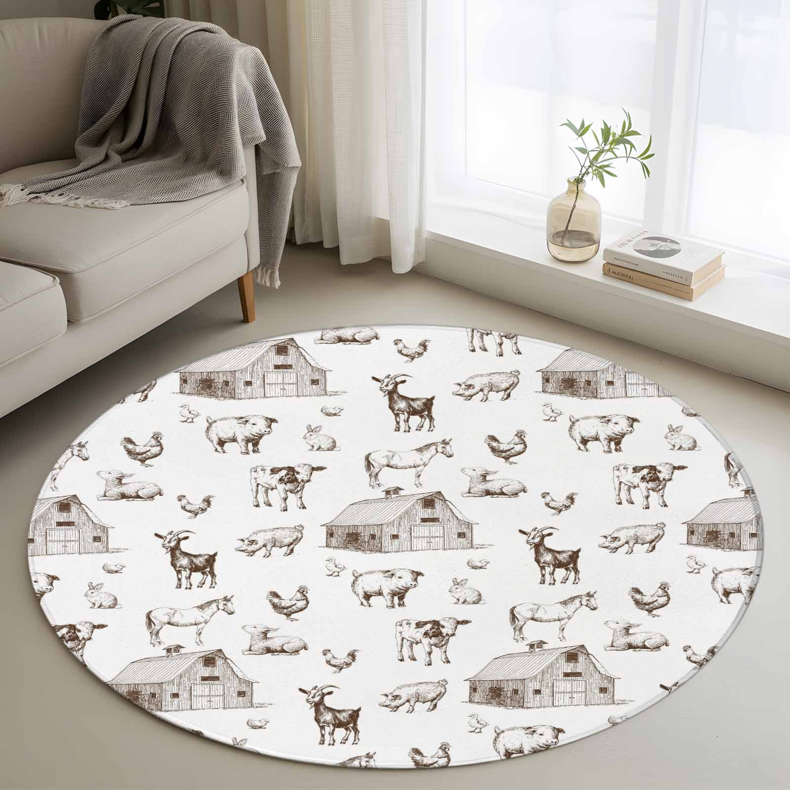 Farm Animals 3FT Round Area Rugs Farmhouse Cute Chicken Cow Sheep Pig ...