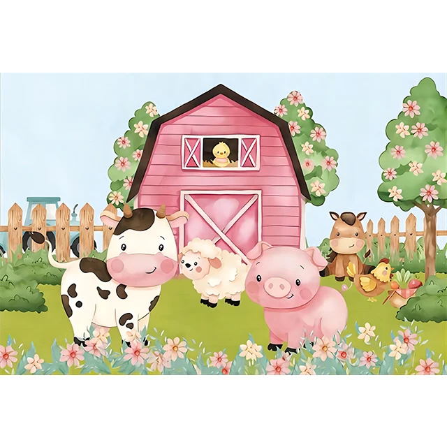Farm Animals Backdrop Cartoon Barn Tractor Newborn Baby Birthday Party ...