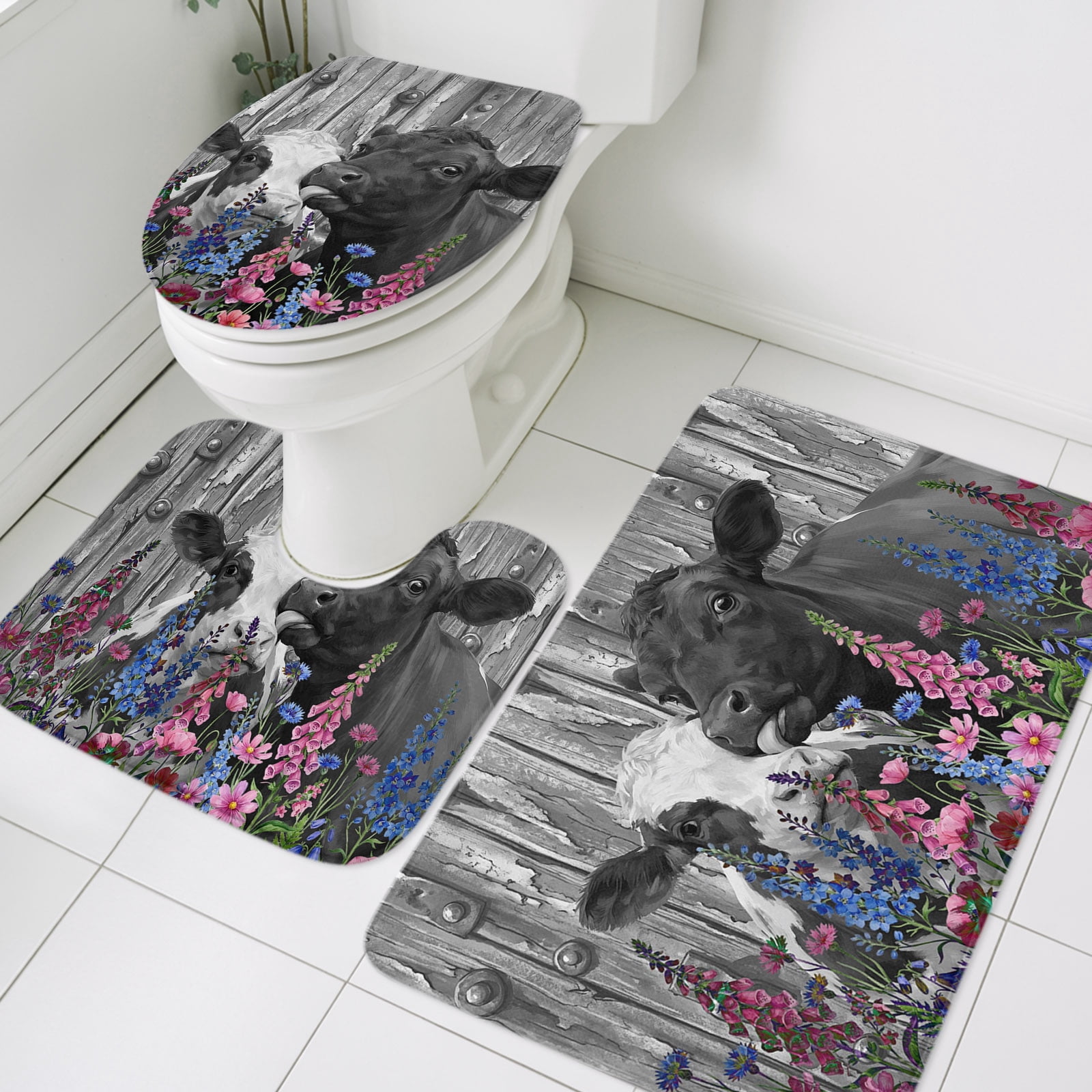 Farm Animals Bathroom Rugs Set Funny Pair Cows Rustic Wildflower ...