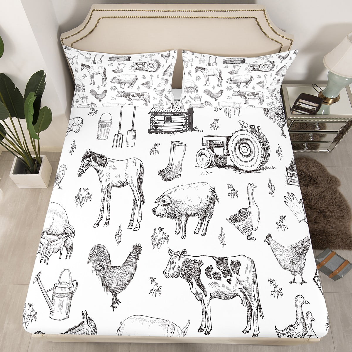 Farm Animals Bed Sheets Cock Rooster Sheep Duck Donkey Bedding Set Milk ...