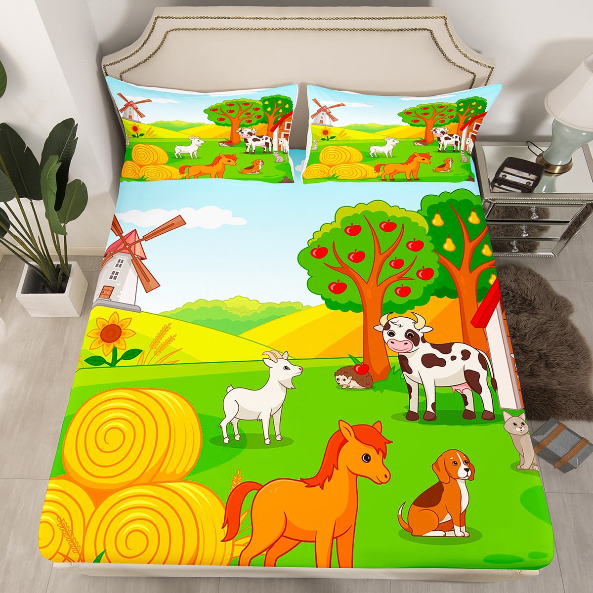 Farm Animals Bed Sheets Windmill Decor Farmhouse Bedding Set Cartoon ...