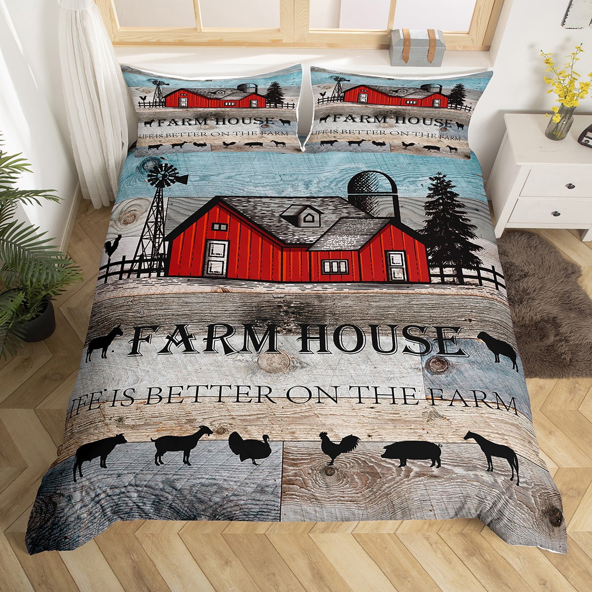 Farm Animals Bedding Set Windmill Decor Farmhouse Comforter Cover King ...