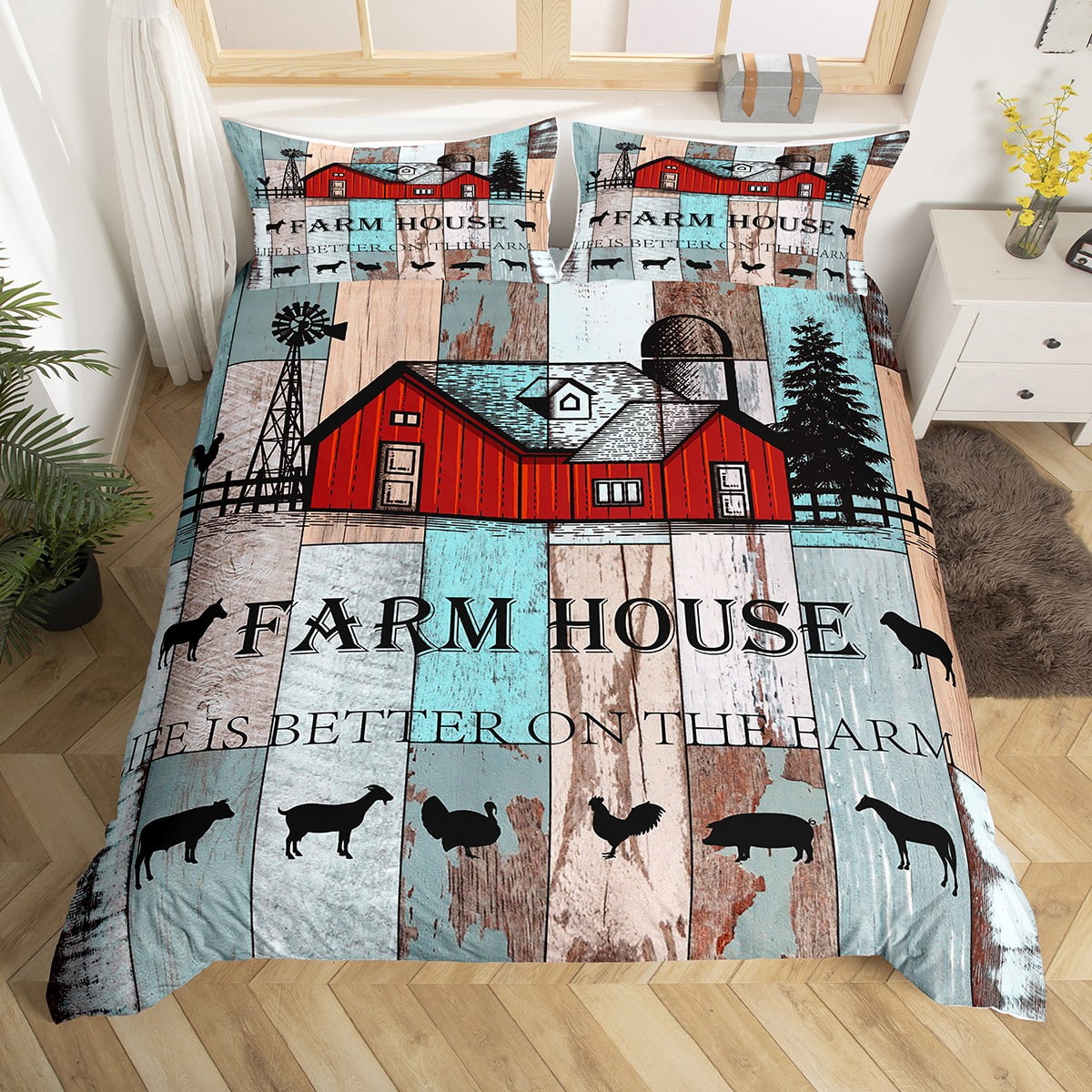 Farm Animals Bedding Set Windmill Decor Farmhouse Comforter Cover King ...