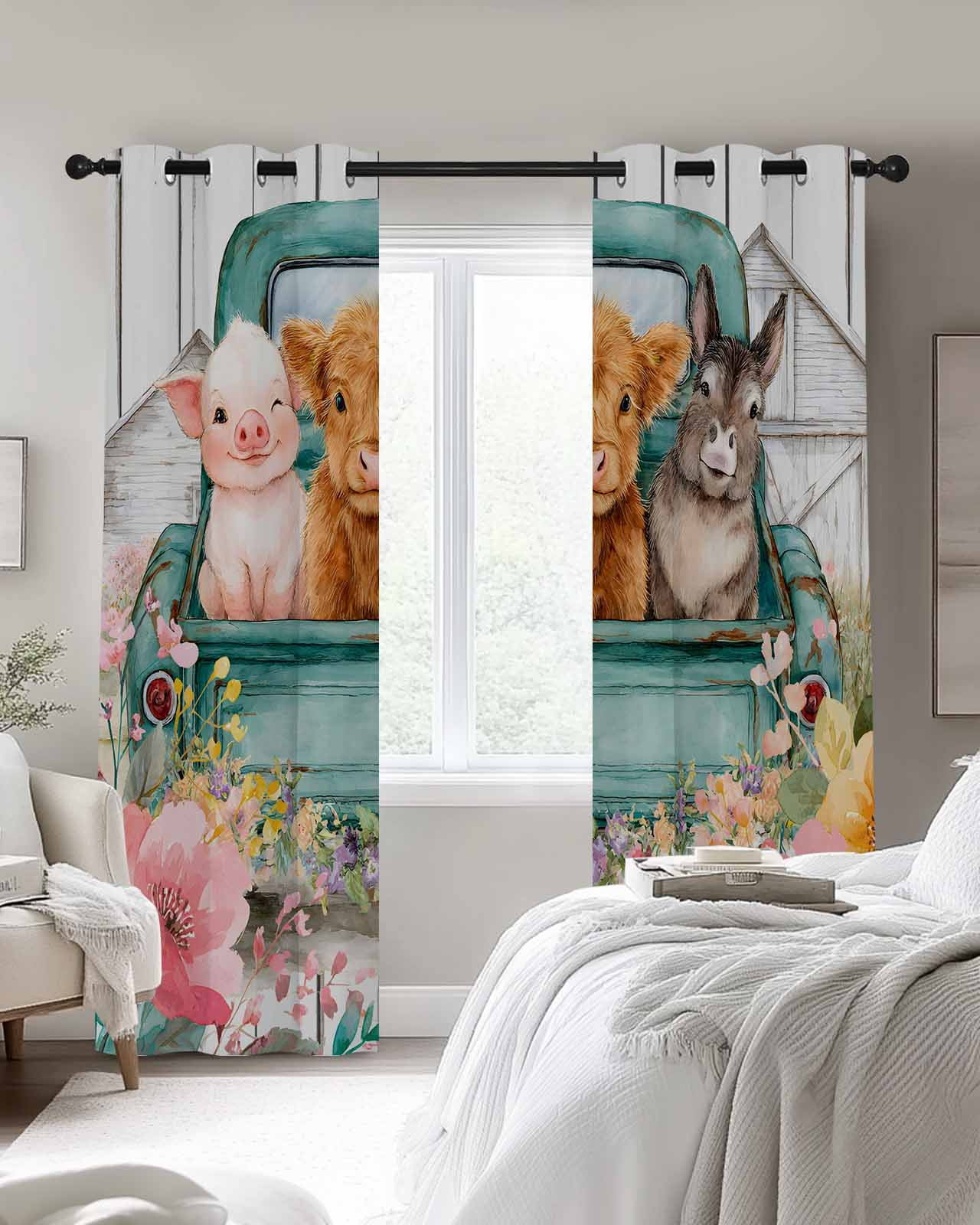 Farm Animals Blackout Curtains 2 Panels Funny Pig Cow Donkey Retro ...