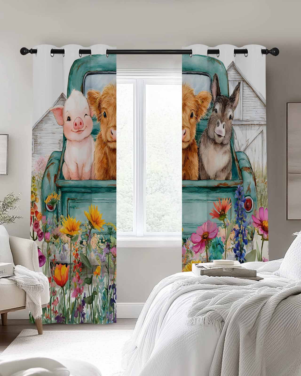 Farm Animals Blackout Curtains 2 Panels Funny Pig Cow Donkey Retro ...