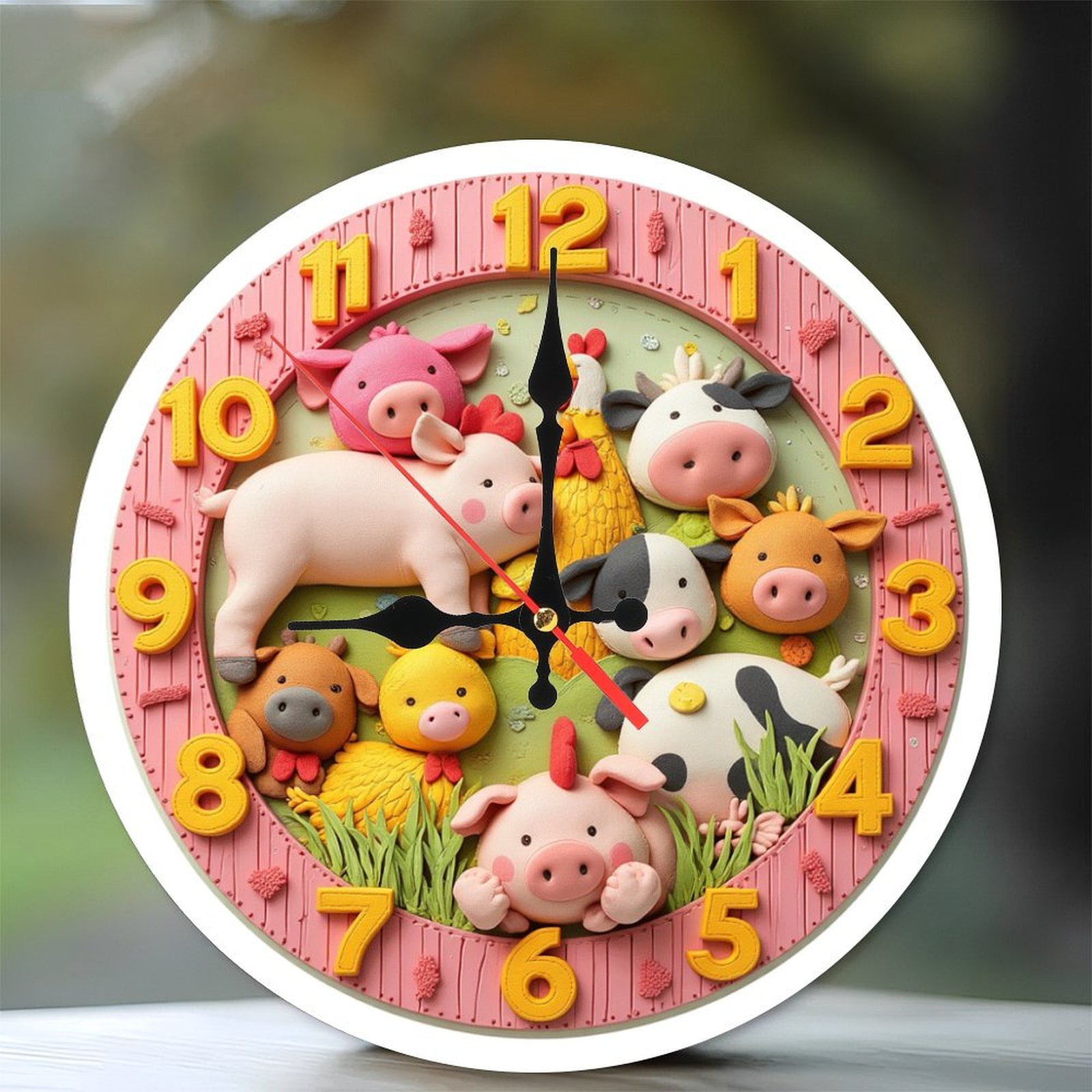 Farm Animals Cartoon Wall Clock Cute Pig Cow Hen Decor 10-Inch Silent ...