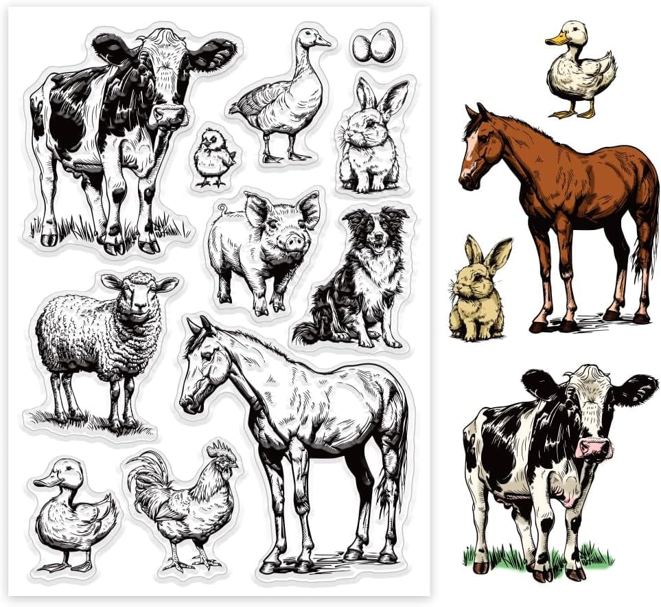 Farm Animals Clear Stamps 8.3x5.8 inch Cows Geese Ducks Roosters Horses ...