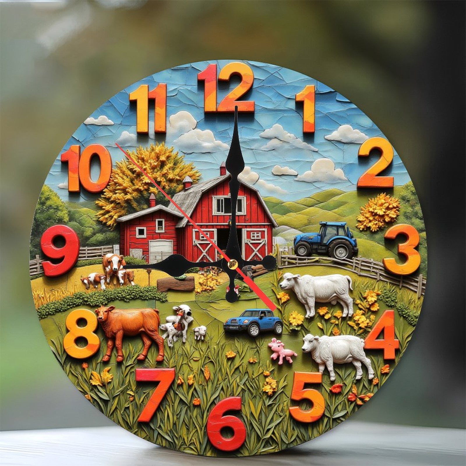 Farm Animals Clock， Rustic Barn Scene Wall Clock 10-Inch Silent Wooden ...