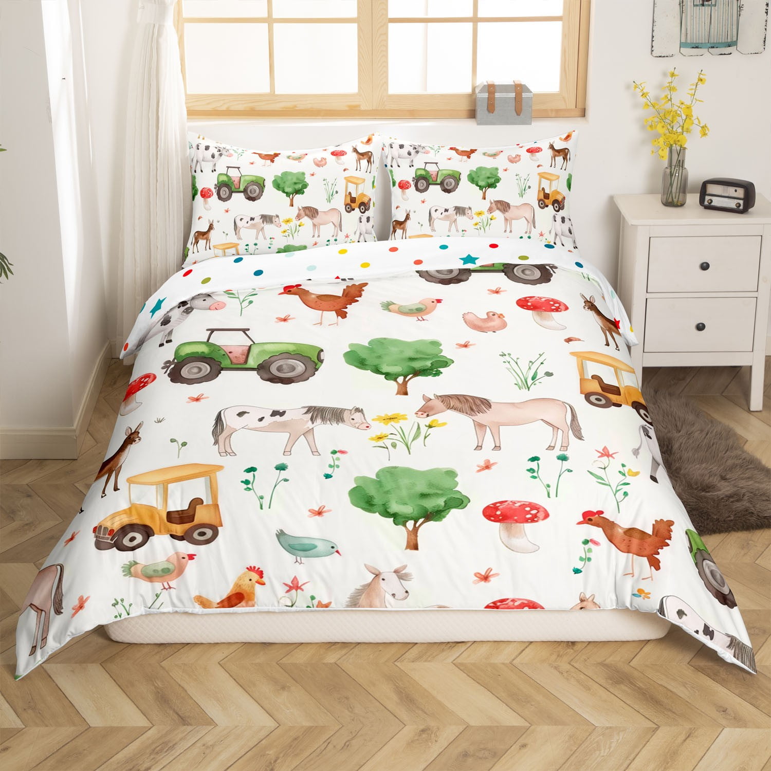 Farm Animals Comforter Cover Queen , Tractor Truck Bedding , Reversible ...