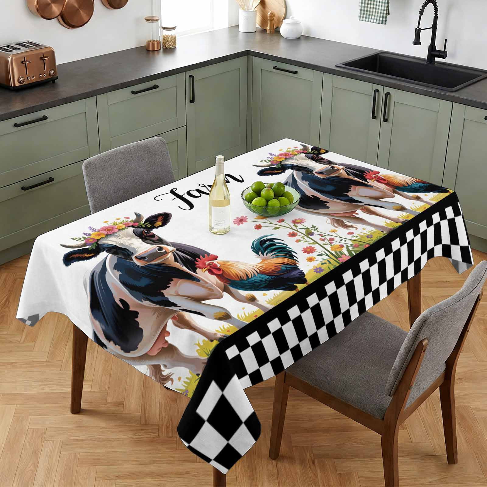 Farm Animals Cow Rooster Flowers Table Cloth 52x70in, Waterproof ...