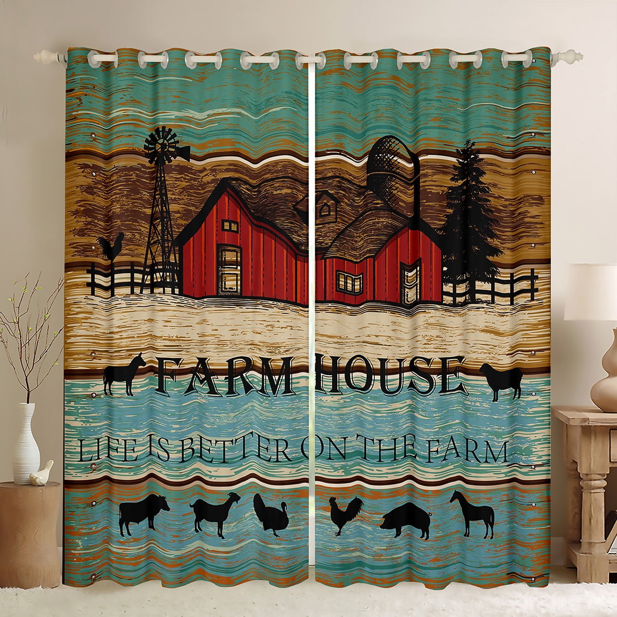 Farm Animals Curtains & Drapes Windmill Decor Farmhouse Country Lodge ...