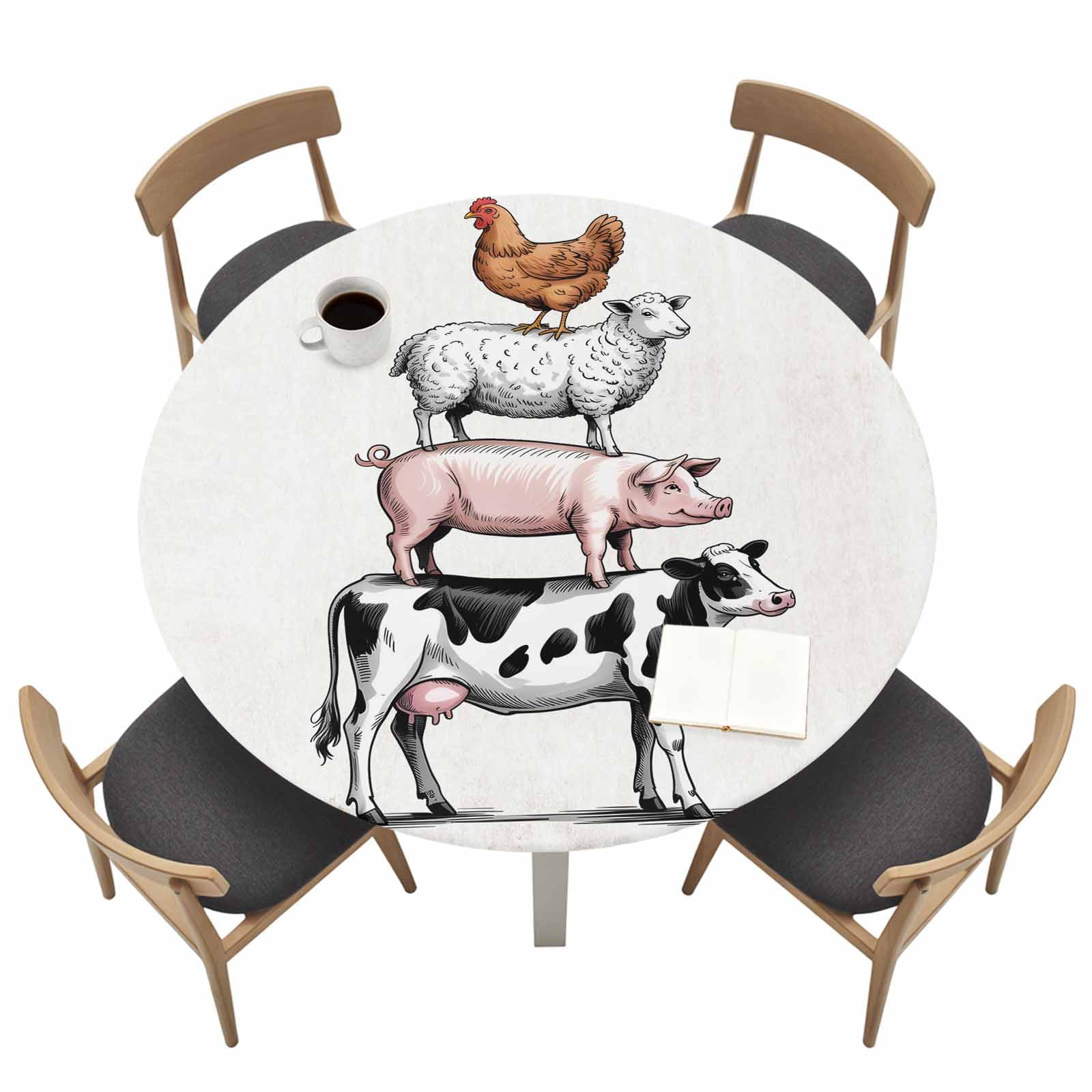 Farm Animals Fitted Tablecloth with Elastic Edged, Round Table Cloth ...