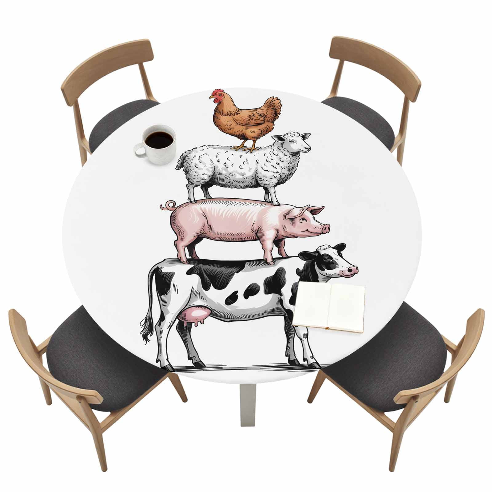 Farm Animals Fitted Tablecloth with Elastic Edged, Round Table Cloth ...