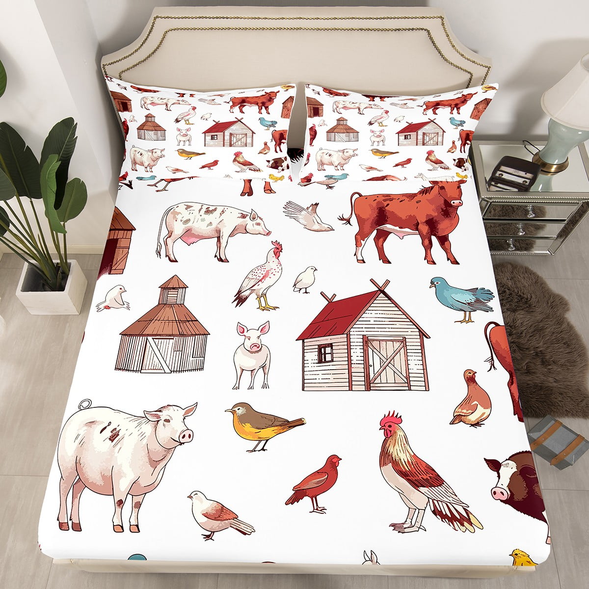 Farm Animals Fitted Sheet Cow Bull Bed Sheets Full,Rooster Pig Sheets ...