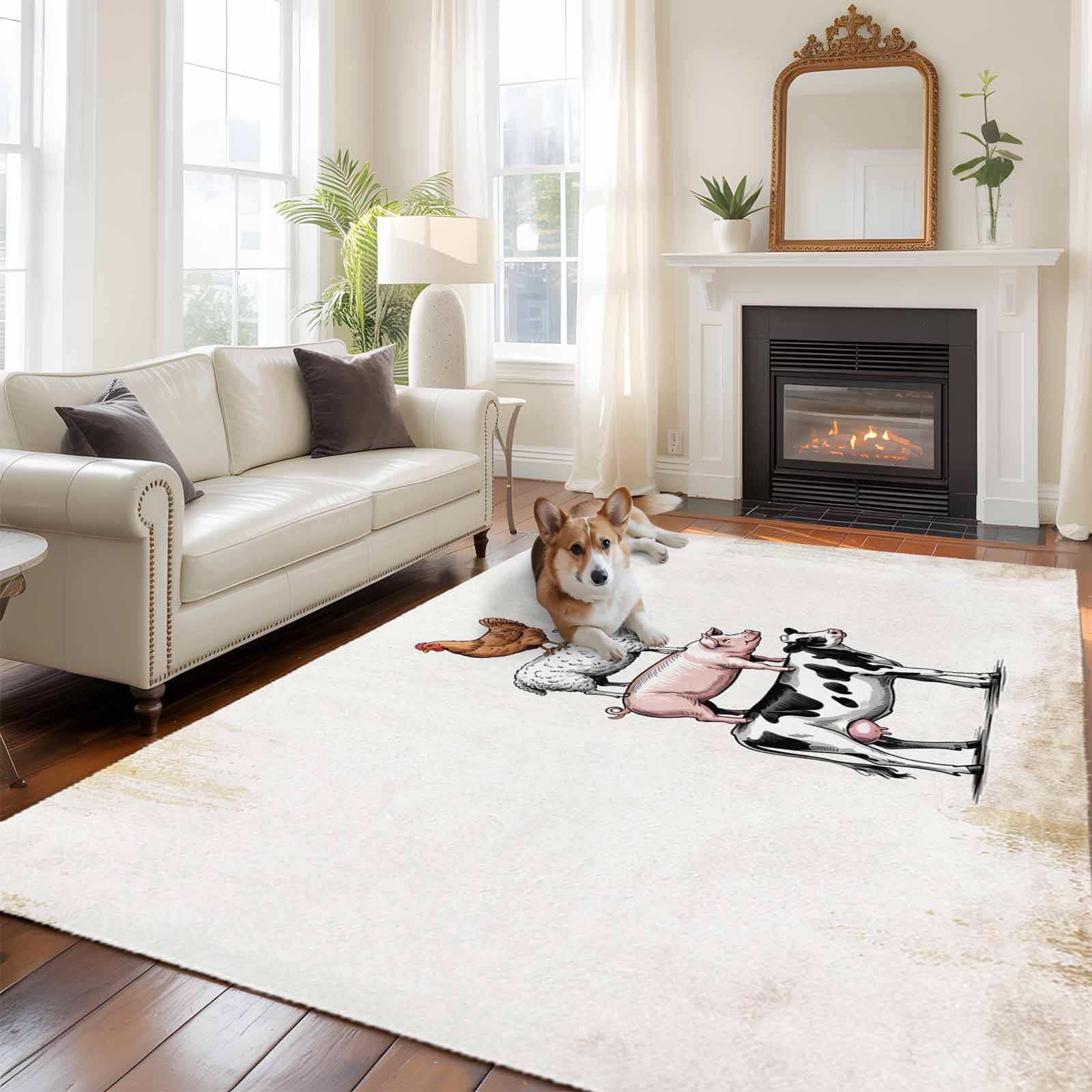Farm Animals Large Area Rugs 6x9 ft Cow Pig Chickens Country White ...