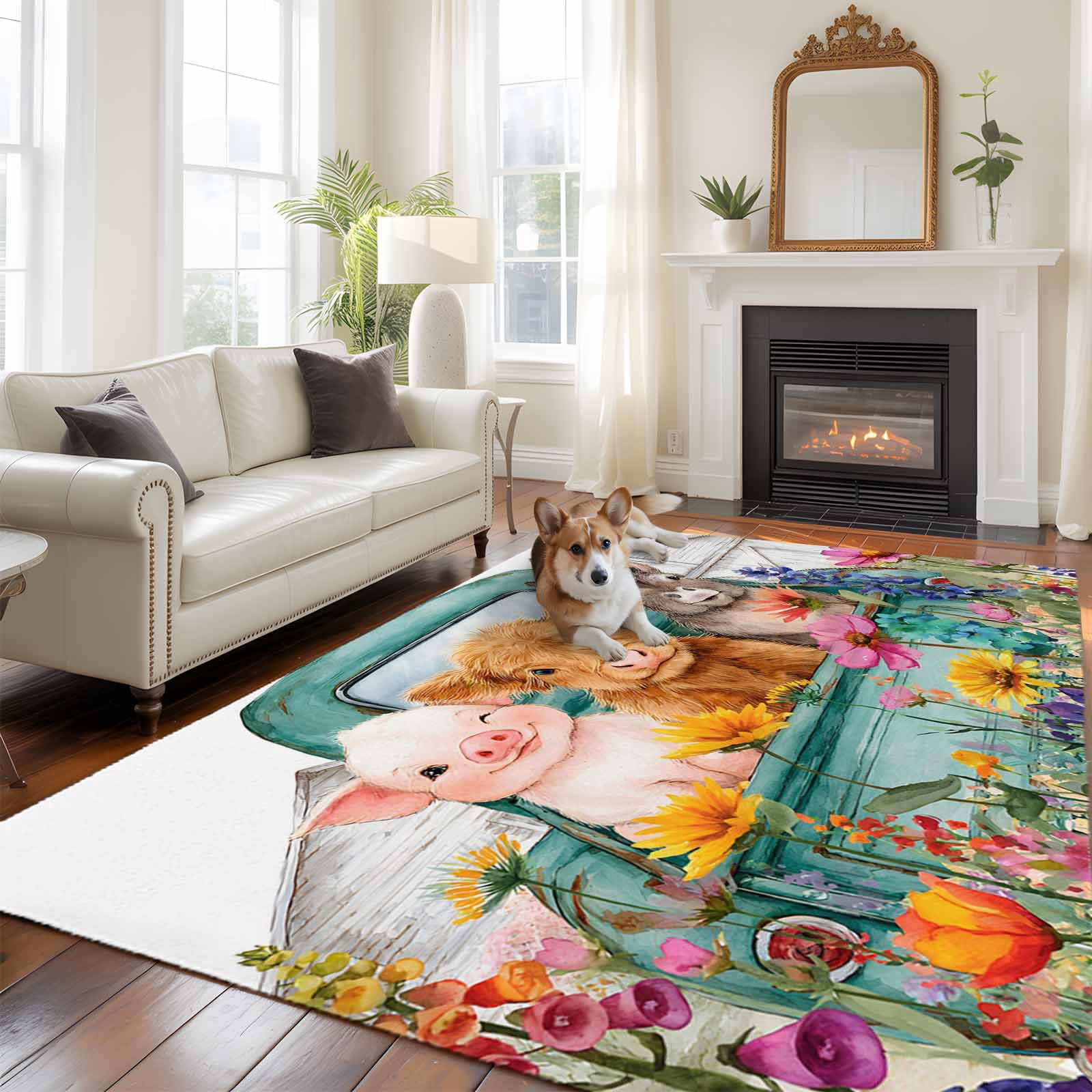 Farm Animals Large Area Rugs 6x9 ft Funny Pig Cow Donkey Retro Truck ...
