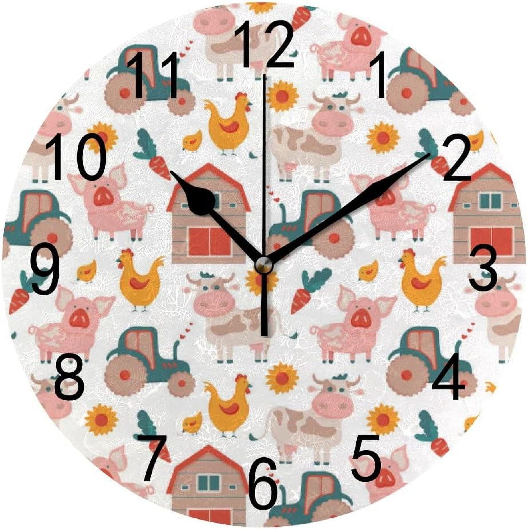 Farm Animals Pig Cow Chicken Hen Wall Clock Silent Non-Ticking Battery ...
