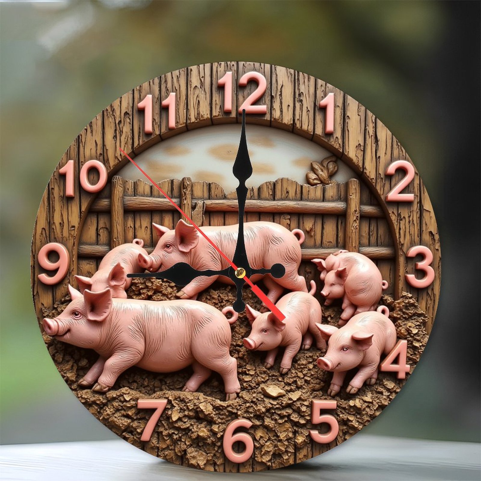 Farm Animals Piglets Wall Clock Rustic Decor 10-Inch Silent Wooden Wall ...