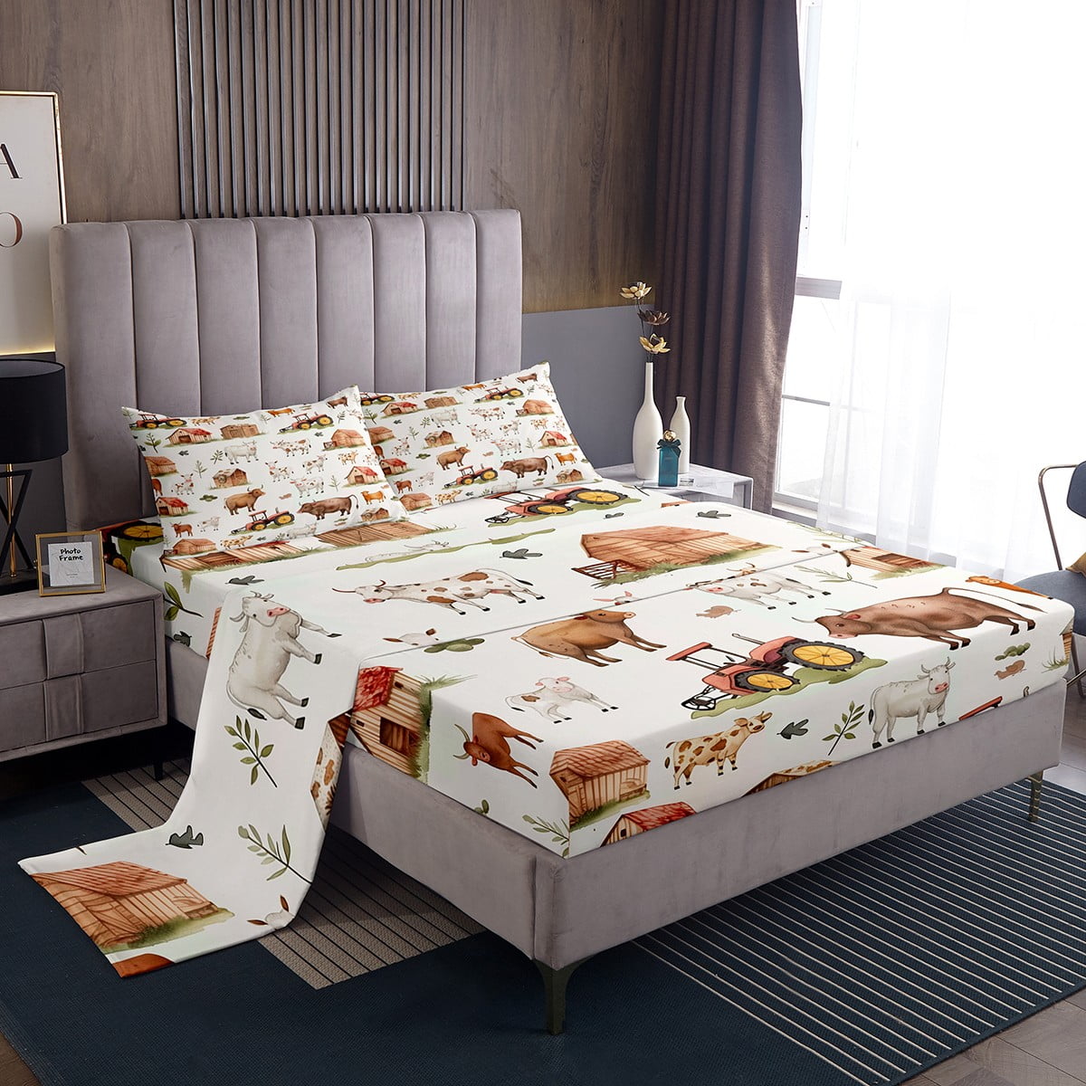 Farm Animals Queen Bed Sheets Set,Countryside Rural Cow Sheet Set ...