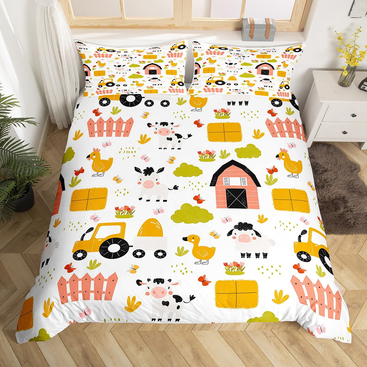 Farm Animals Queen Comforter Cover, Cartoon Truck Tractor Bedding Set ...