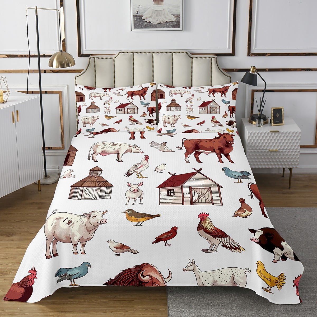 Farm Animals Quilt Set Cow Bull Bedspread Set Queen,Rooster Pig ...