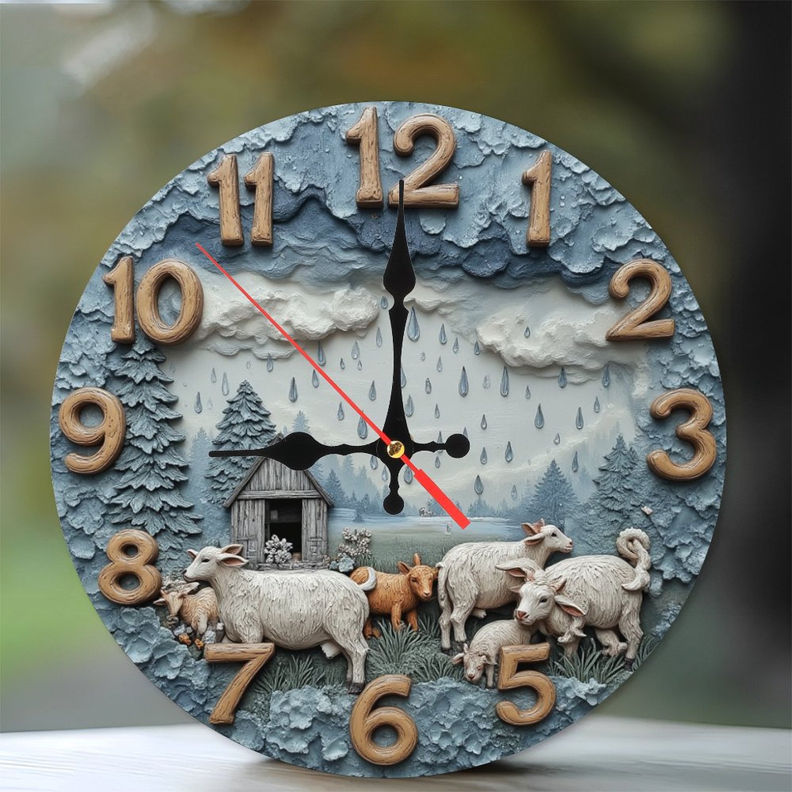 Farm Animals Rain Scene Wall Clock Relief Art 10-Inch Silent Wooden ...