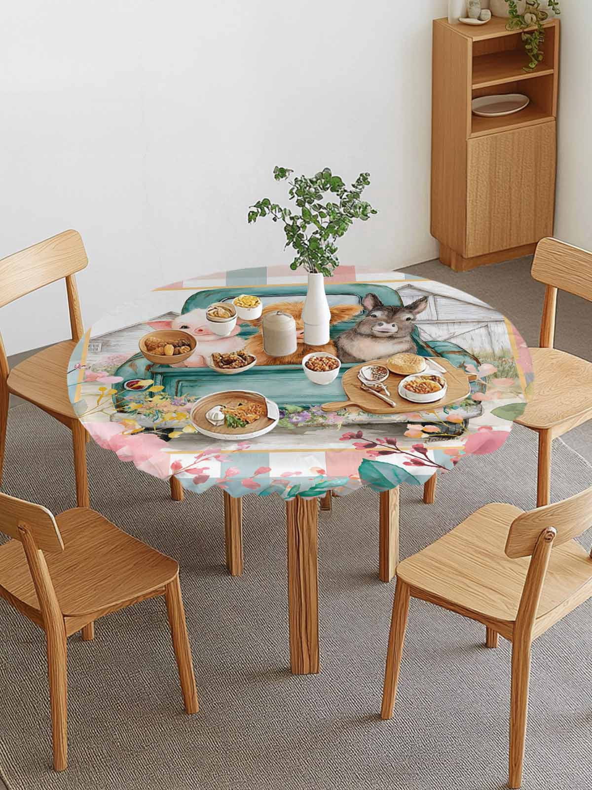 Farm Animals Round Fitted Tablecloth with Elastic Edge, Funny Pig Cow ...