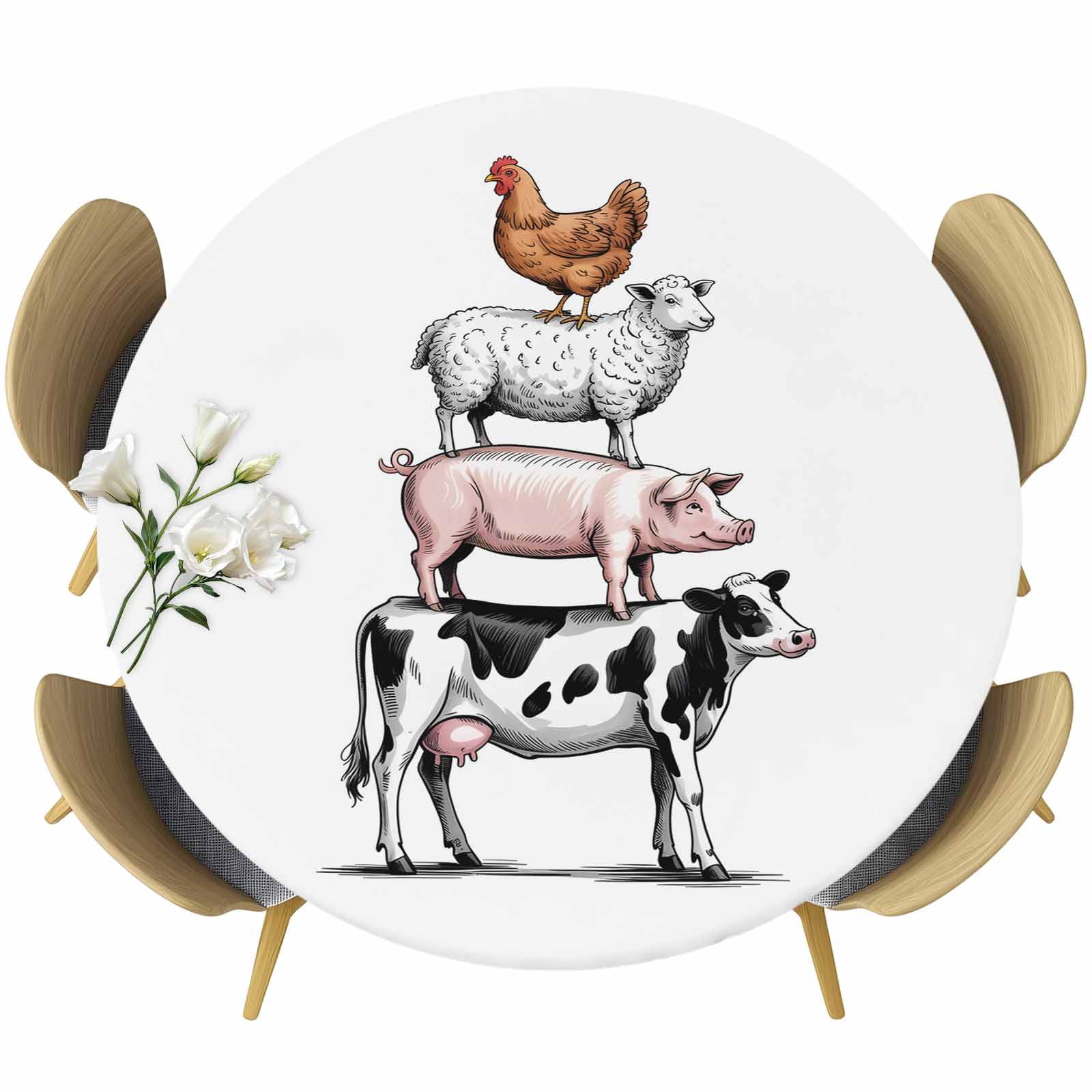 Farm Animals Round Tablecloth, Fitted Table Cover with Elastic for 45 ...