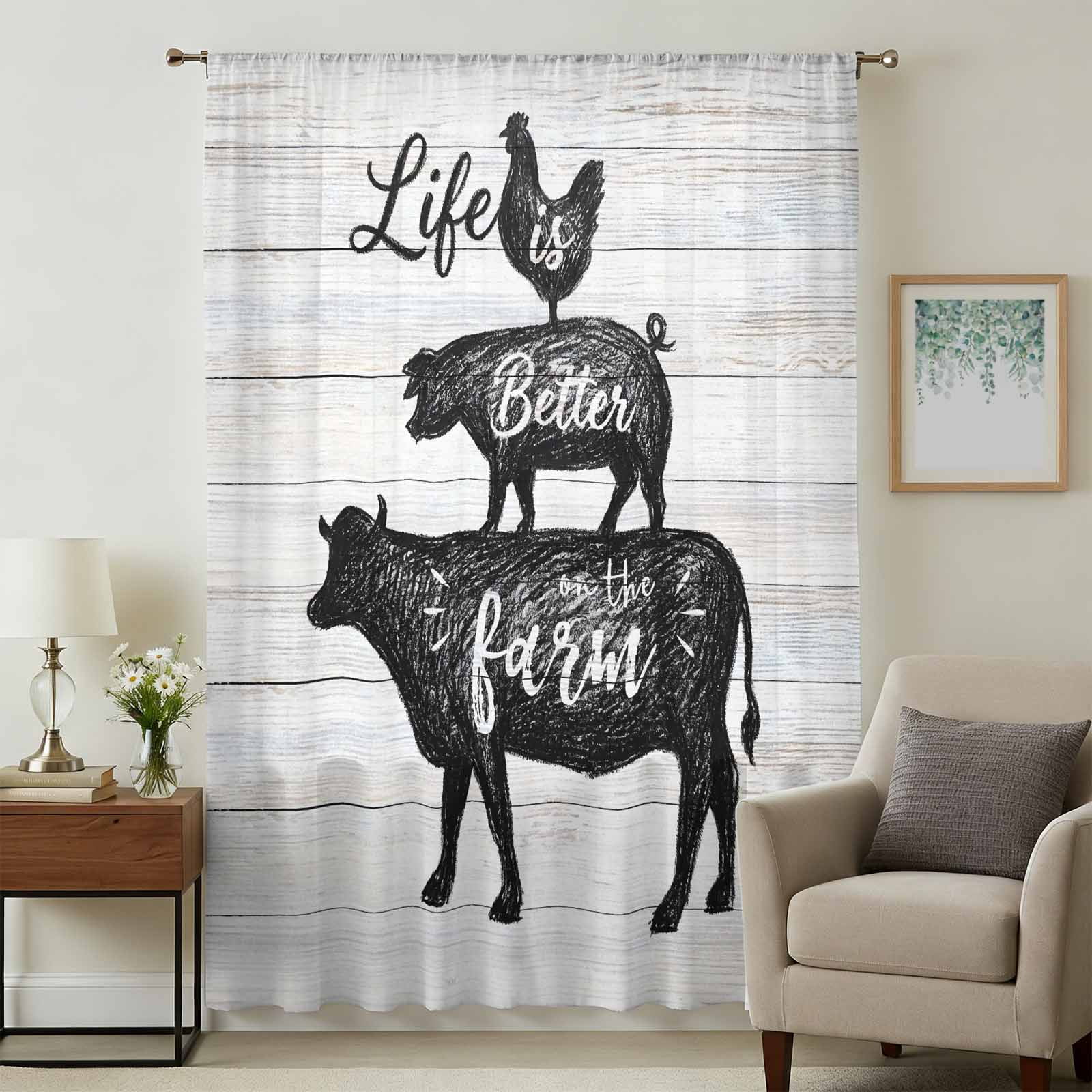 Farm Animals Sheer Curtains 63 Inch Length for Bedroom, Chicken Pig ...