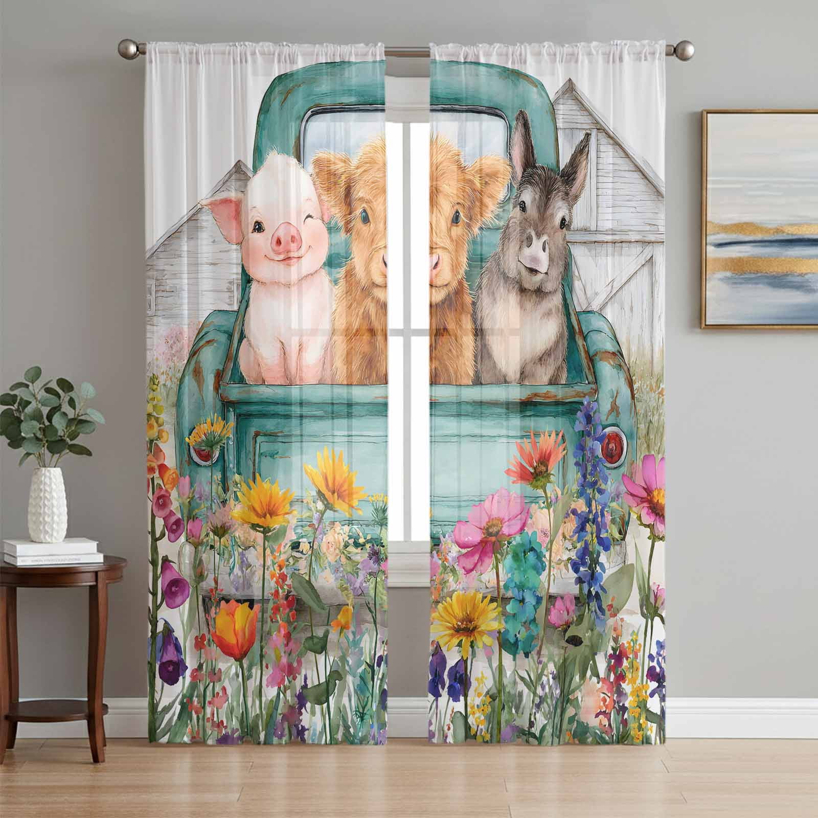 Farm Animals Sheer Curtains for Living Room Bedroom, Funny Pig Cow ...