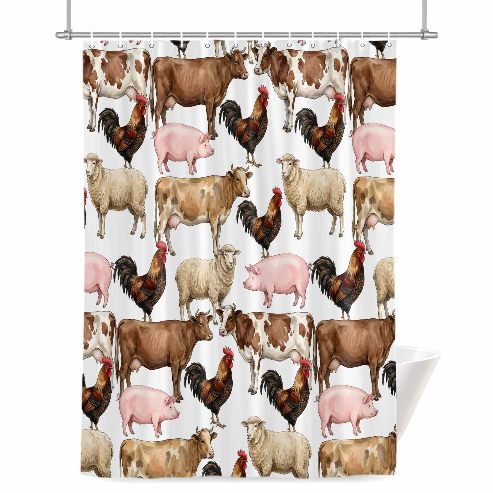 Farm Animals Shower Curtain, Country Farmhouse Chicken Cow Sheep Pig ...