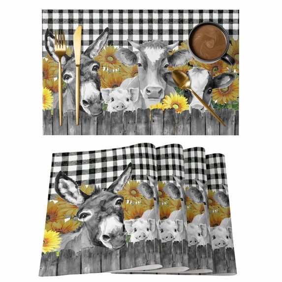 Farm Animals Sunflowers Placemats Set of 4 Black White Checkered Plaid ...