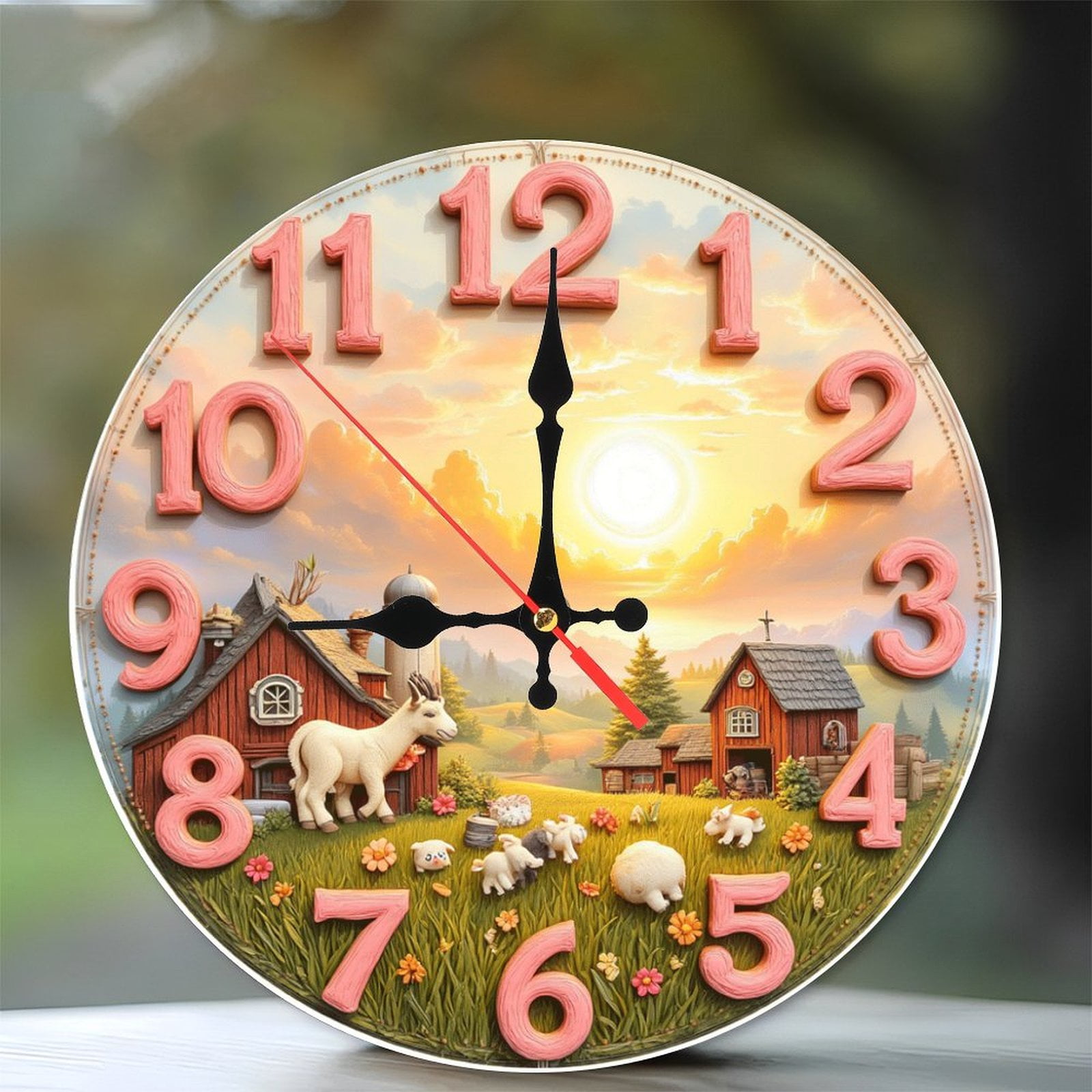 Farm Animals Sunset Wall Clock Rustic Goat Lambs Decor 10-Inch Silent ...